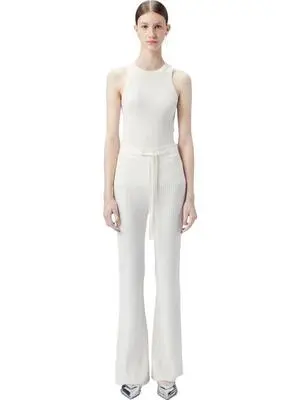 GOBI MONGOLIAN CASHMERE Drawstring Ribbed Cotton Silk Cashmere Blend Flares Whisper White