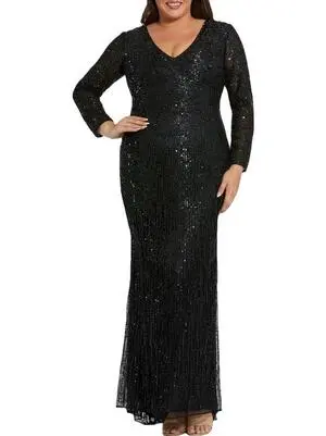 Mac Duggal Long Sleeve Beaded Fringe Gown - Black