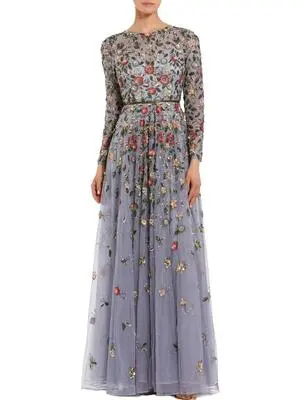 Mac Duggal Embellished High Neck Long Sleeve A-line Gown - Grey Multi