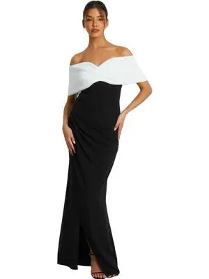 QUIZ Scuba Crepe Bardot Ruched Maxi Dress