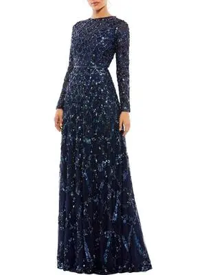 Mac Duggal Embellished High Neck A-line Gown - Midnight