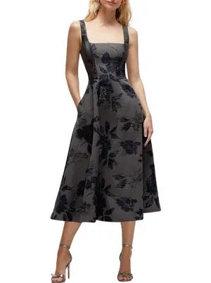 Dessy Collection Metallic Floral Fit & Flare Midi Dress - Noir Midnight Navy