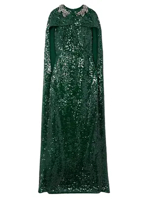 Erdem Cape-effect Crystal-embellished Sequined Gown - Green