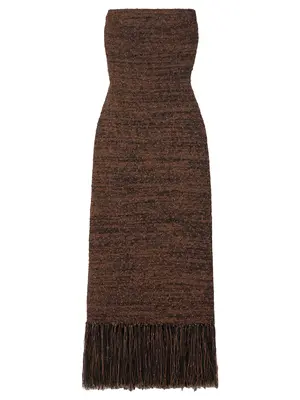 FRAME Strapless Fringed Bouclé Midi Dress - Brown