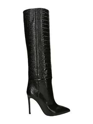 Paris Texas Pointed-toe Croc-embossed Leather Knee-high Boots - Black