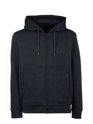 Emporio Armani Zipped Logo Embroidered Hoodie - Blue