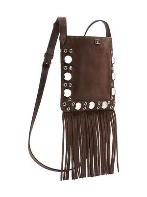 Valentino Garavani Nellcôte Small Shoulder Bag In Suede With Fringes - Brown