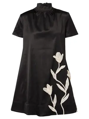 Staud Floral-applique Satin Mini Dress - Black