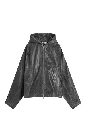 COLE BUXTON Hooded Leather Jacket - Cracked Black