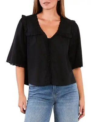BILLY T Juliet Lace & Ruffle Cotton Blend Top - Black