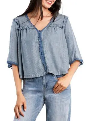 BILLY T Juliet Lace & Ruffle Cotton Blend Top - Railroad Stripe Denim