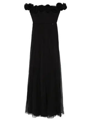 NISSA Floral-appliqué Silk Maxi Dress - Black
