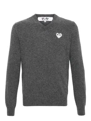 Play Comme Des Garcon Heart-patch V-neck Jumper - Grey