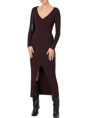 Astr The Label Glenda Long Sleeve Ribbed Sweater Dress - Dark Brown