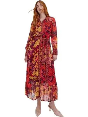 RAISHMA Floral Print Chiffon Midi Dress With Belt - Burgundy