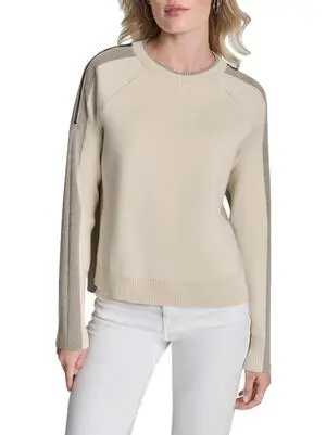 Dkny Contrast Colorblocked Crewneck Sweater - Ecru/tan Heather