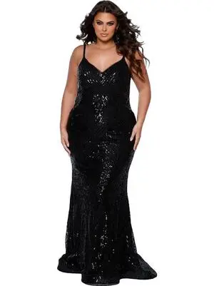 SYDNEY'S CLOSET Sydney's Closet Fitted V-Neck Spaghetti Strap Evening Gown Onyx