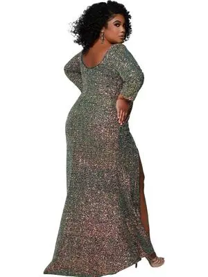 SYDNEY'S CLOSET Sydney's Closet Fitted V-Neck Sequin Plus Size Gown Green Surge