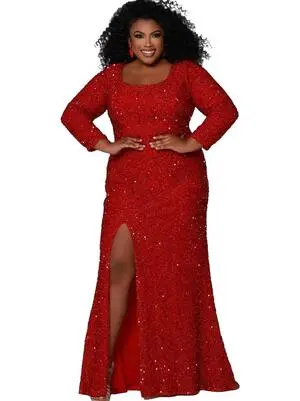 SYDNEY'S CLOSET Sydney's Closet Long Sleeve Sequin Plus Size Gown Ruby
