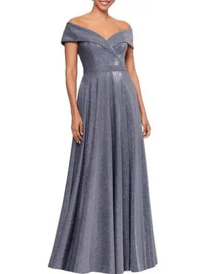 XSCAPE EVENINGS Glitter Off-the-shoulder Gown - Gunmetal