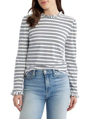 Caslon Ruffle Detail Long Sleeve Top Ivory- Navy Nancy Stripe