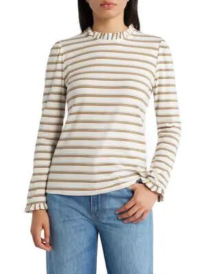 Caslon Ruffle Detail Long Sleeve Top Ivory- Tan Nancy Stripe