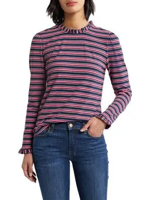 Caslon Ruffle Detail Long Sleeve Top - Navy- Pink Alli Stripe