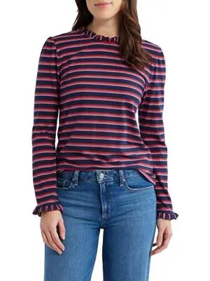 Caslon Ruffle Detail Long Sleeve Top Navy- Red Nancy Stripe