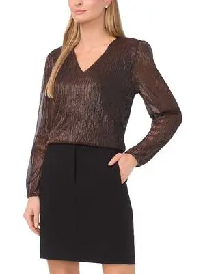 Halogen Metallic Plissé V-neck Top - Bronze