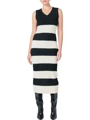 Endless Rose Stripe Midi Sweater Dress - Black/ Cream