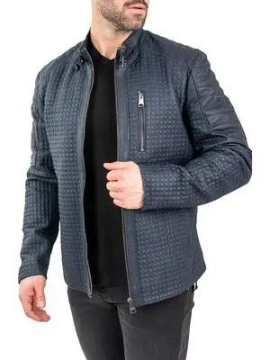 MACEOO Textured Leather Jacket - Blue