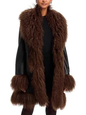 SUSANNA CHOW Dorothy Leather & Shearling Trim Midi Coat - Black/brown Trim