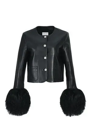 SUSANNA CHOW Leather Cropped Shearling Cuff Jacket - Black