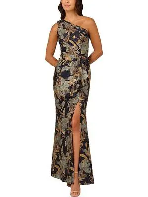 Adrianna Papell Floral Jacquard One Shoulder Mermaid Gown - Blue/gold
