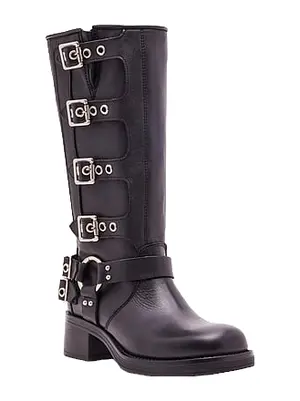 Pink Steve Madden Rocky Buckle Leather Boots - Black