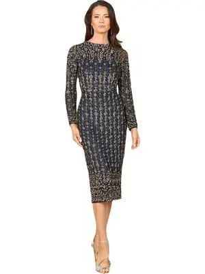 LARA NEW YORK Beaded Long Sleeve Midi Dress - Navy