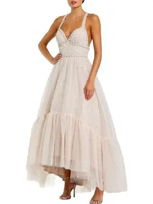 Mac Duggal Pearl Embellished Tiered Tulle High-low Gown - Porcelain