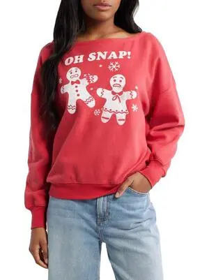 VINYL ICONS Off-the-shoulder Graphic Fleece Sweatshirt - Red