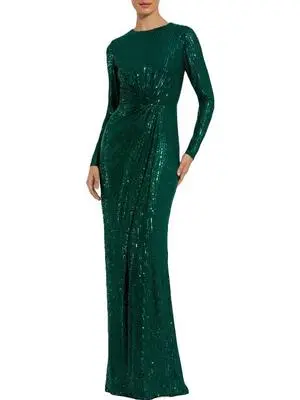Mac Duggal Sequin Long Sleeve High Neck Column Gown Emerald