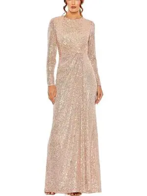 Mac Duggal Sequin Long Sleeve High Neck Column Gown - Rose Gold