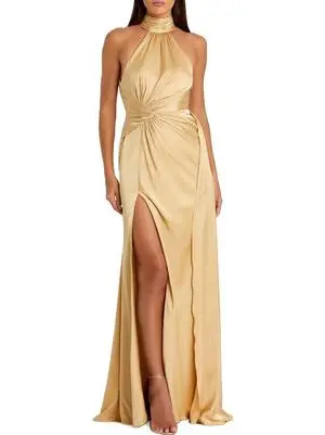Mac Duggal Open Back High Neck Gown - Gold