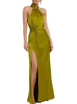 Mac Duggal Open Back High Neck Gown - Olive