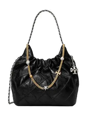 Tory Burch Mini Fleming Distressed Leather Hobo Bag - Black