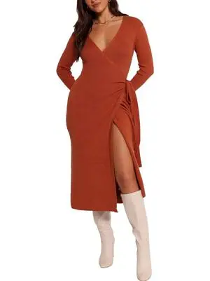 PETAL & PUP Kellan Long Sleeve Wrap Midi Dress - Bronze