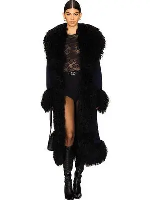 SUSANNA CHOW Dorothy Suede Maxi Coat With Fur Trim - Navy