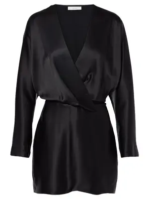 THE SEI Silk Satin Mini Wrap Dress - Black