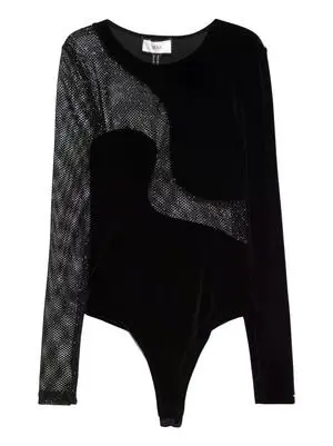 NISSA Mesh-panel Velvet Bodysuit - Black