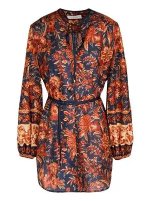 Zimmermann Belted Floral-print Silk-habotai Tunic - Navy