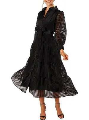 PETAL & PUP Neve Long Sleeve Tiered Shirt Dress - Black