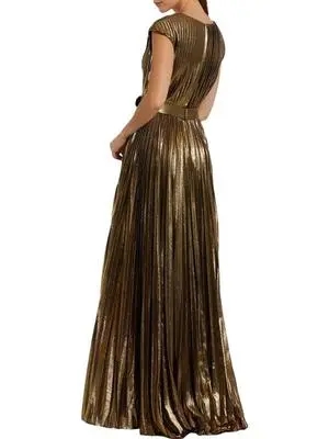 MAC DUGGAL Mac Duggal Pleated Metallic Jersey Gown With Belt